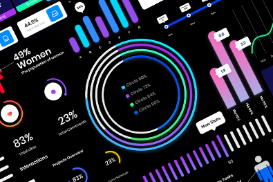 Infographic Diagrams With Bar and Pie Charts and Info Cards